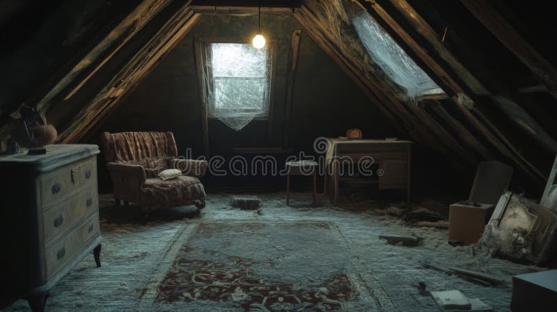 A Dusty and Abandoned Attic with Furniture and a Window Stock ...