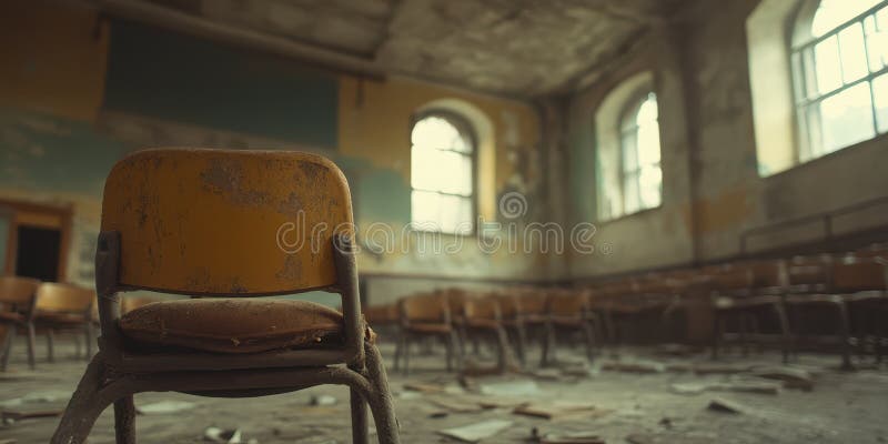 Abandoned School Chair in Old Classroom with Broken Windows Stock Photo ...