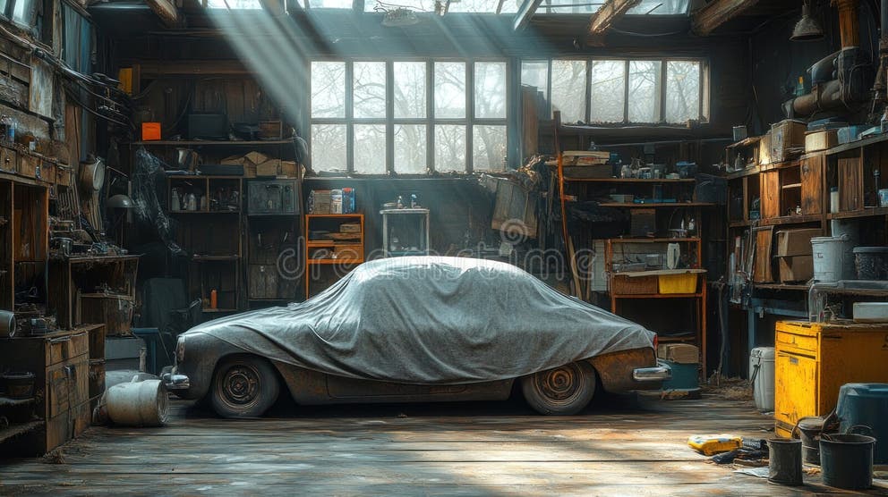 Dusty Antique Car in a Cluttered Workshop. Sunlight Streams through ...