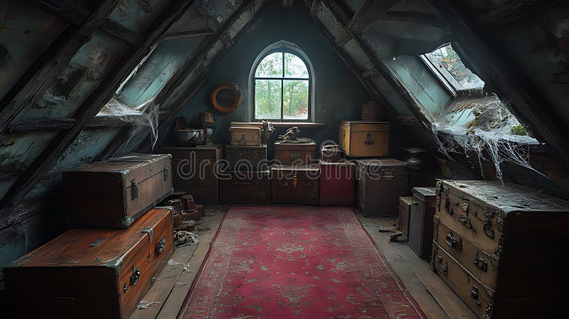 Dusty Attic, Antique Trunks, Window Light, Cobwebs, Storage Stock ...
