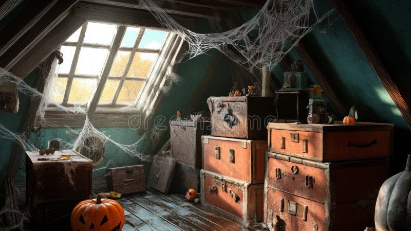 Dusty Attic with Chests, Cobwebs, and Pumpkins Stock Illustration ...