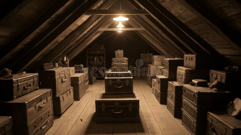 Dusty Attic Filled with Vintage Suitcases and Old Boxes Stock ...
