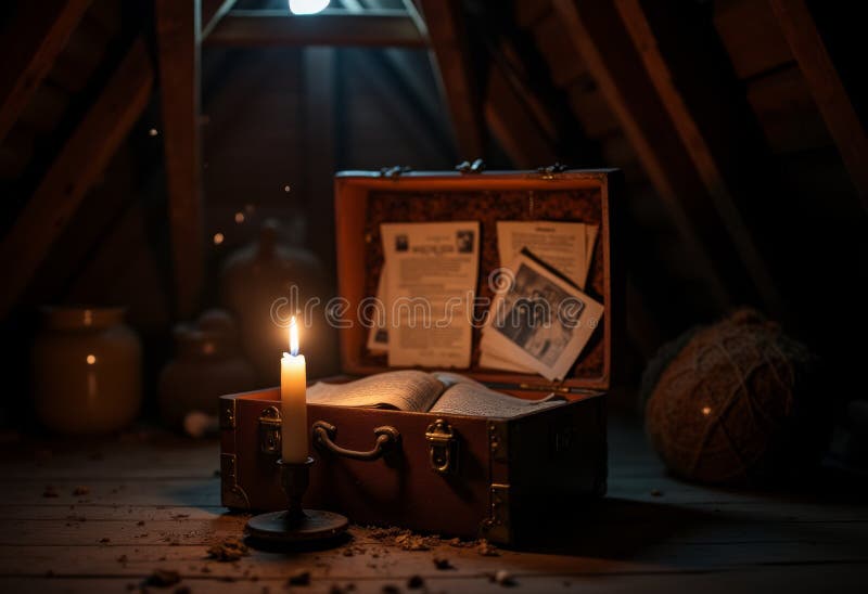 A Dusty Attic Illuminated by Candlelight, Featuring a Wooden Trunk ... A Dusty Attic Illuminated by Candlelight, Featuring a Wooden Trunk ...
