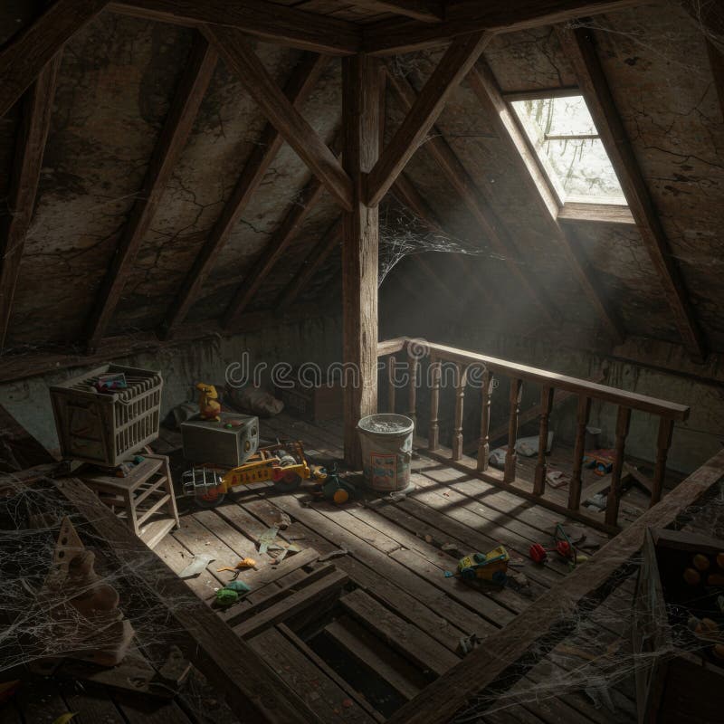 Dusty Attic with Old Toys and Sunbeam Stock Illustration - Illustration ...