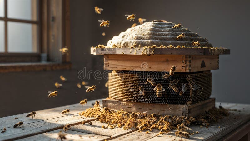 Photorealistic Image of a Dusty Beehive on a Wooden Table Stock ...