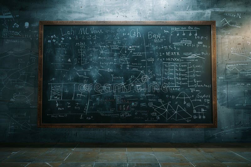 A Dusty Black Chalkboard with Complex Equations and Diagrams Written in ...
