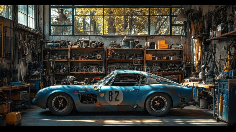 Dusty Blue Classic Race Car in a Cluttered Workshop Stock Illustration ...