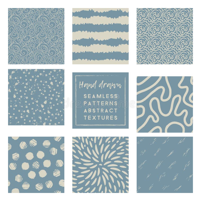 Dusty Blue Doodle Patterns Collection with Simple Hand Drawn Elements ...