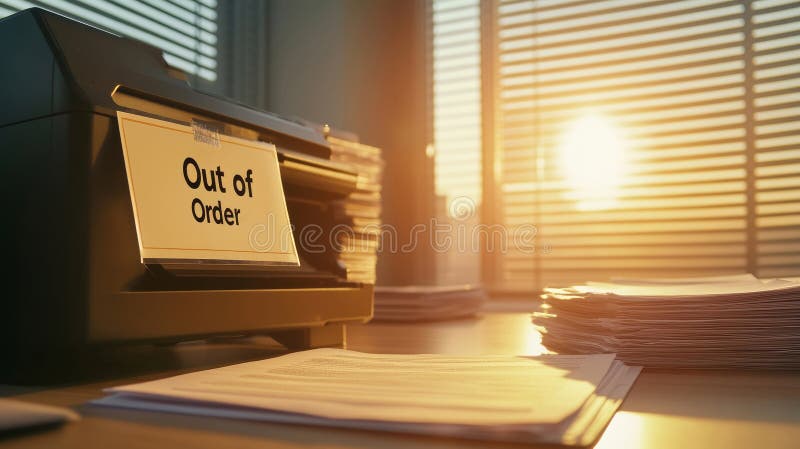 Dusty Broken Printer with an Out of Order Sign Attached Showing ...
