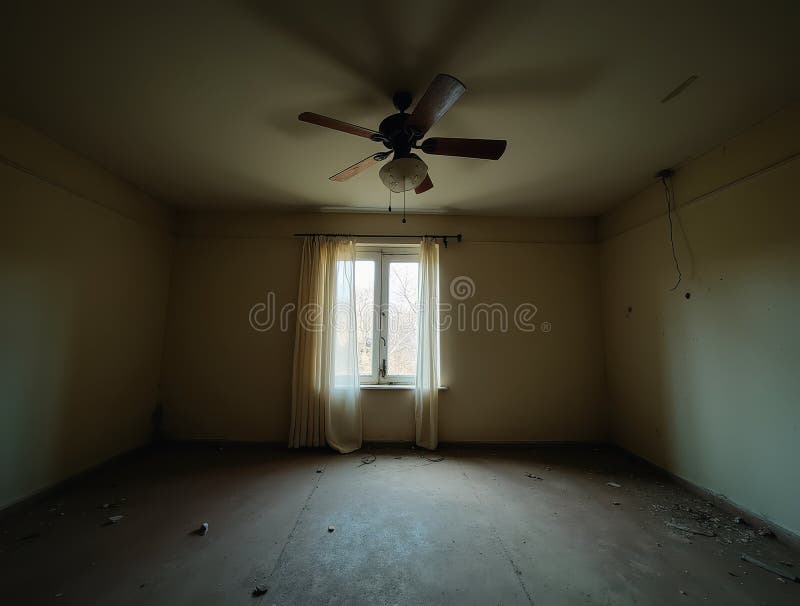 Dusty Ceiling Fan Spinning in Empty Room with Window Stock Illustration ...