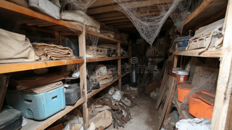 Dusty and Cobweb-Covered Storage Shelves with Assorted Items Stock ...