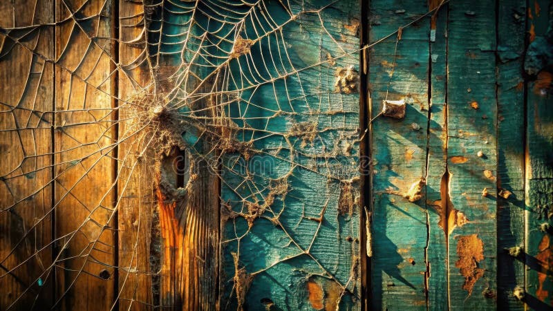 Dusty Cobweb on Weathered Wooden Surface with Teal Paint. Generative AI ...