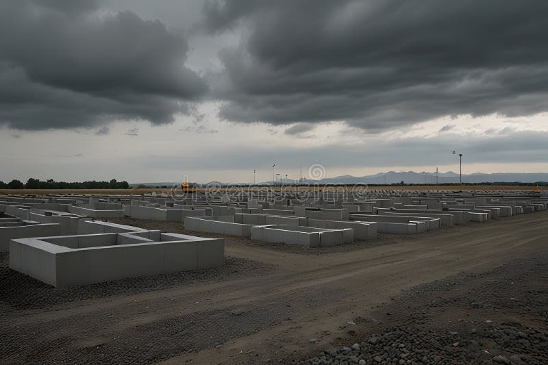 Dusty Construction Site with Scattered Concrete Blocks and Overcast Sky ...