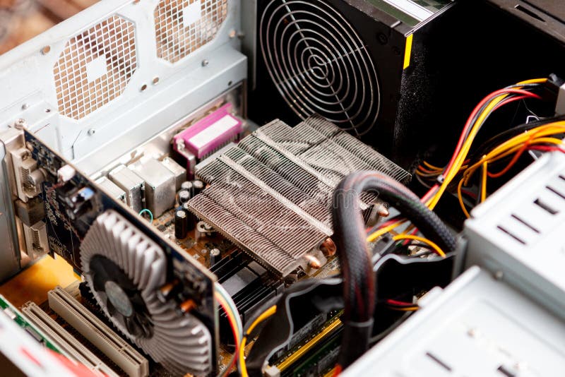 Dusty Desktop Pc Hardware. Motherboard and Another Computer Elements ...