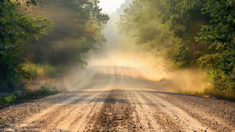 A Dusty Dirt Road Winds through a Forest, Sunlight Breaking through the ...