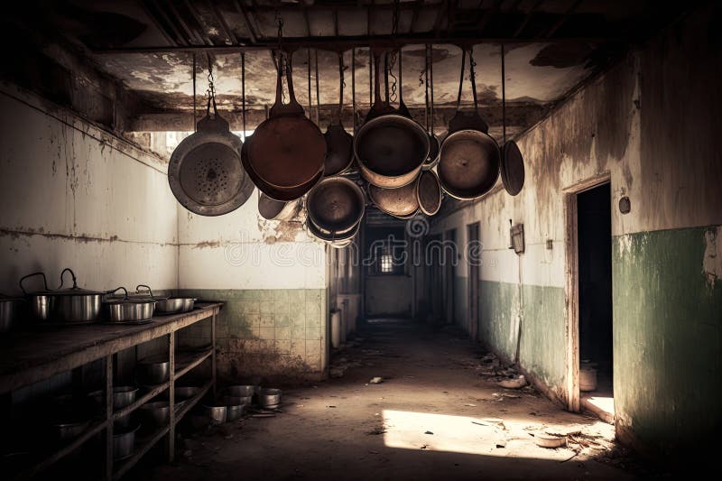 Dusty and Disused Restaurant Kitchen, with Empty Pots and Pans Hanging ...