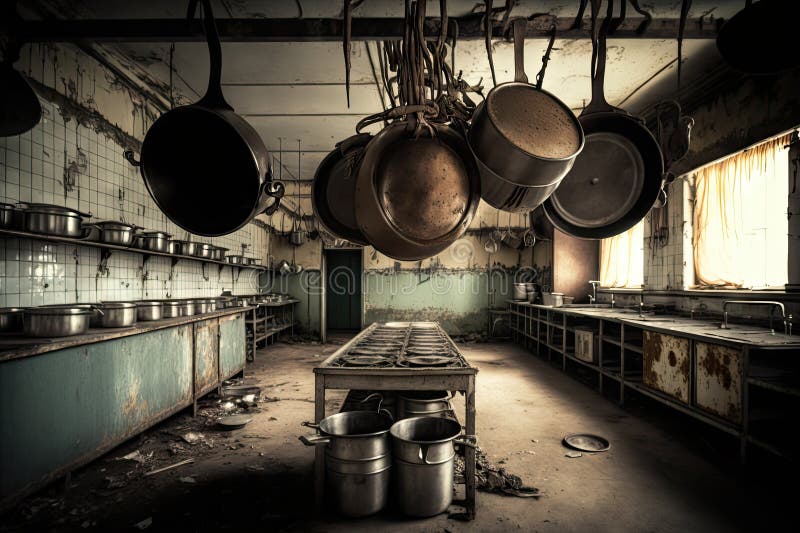 Dusty and Disused Restaurant Kitchen, with Empty Pots and Pans Hanging ...