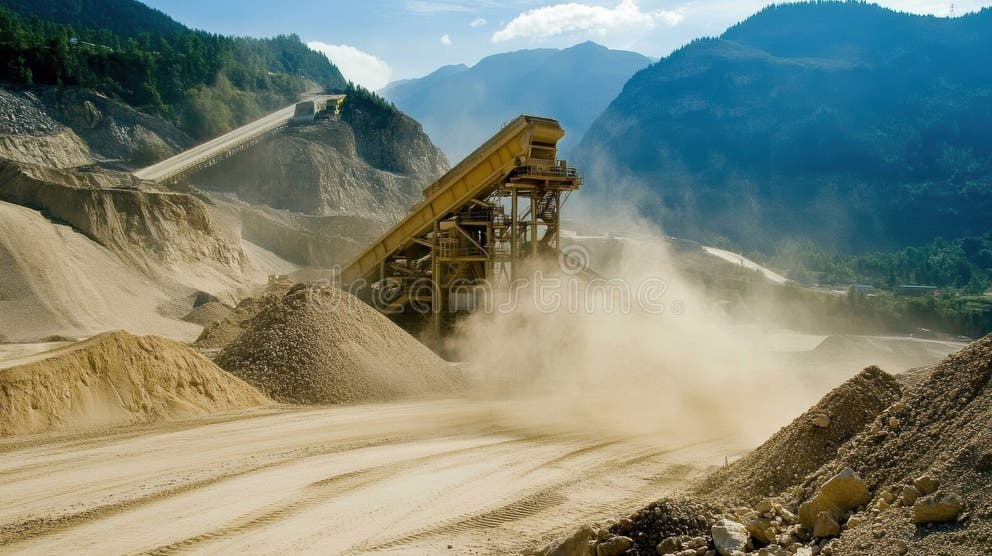 Dusty Mining Site with Large Machinery and Mountainous Backdrop Stock ...