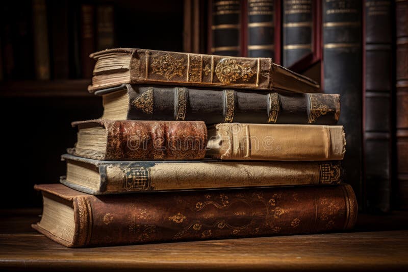 Dusty Old Books Stack at Table. Generate Ai Stock Illustration ...