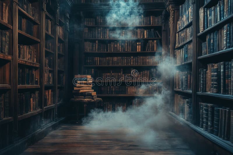 A Dusty, Old Library with Bookshelves and Fog Stock Illustration ...