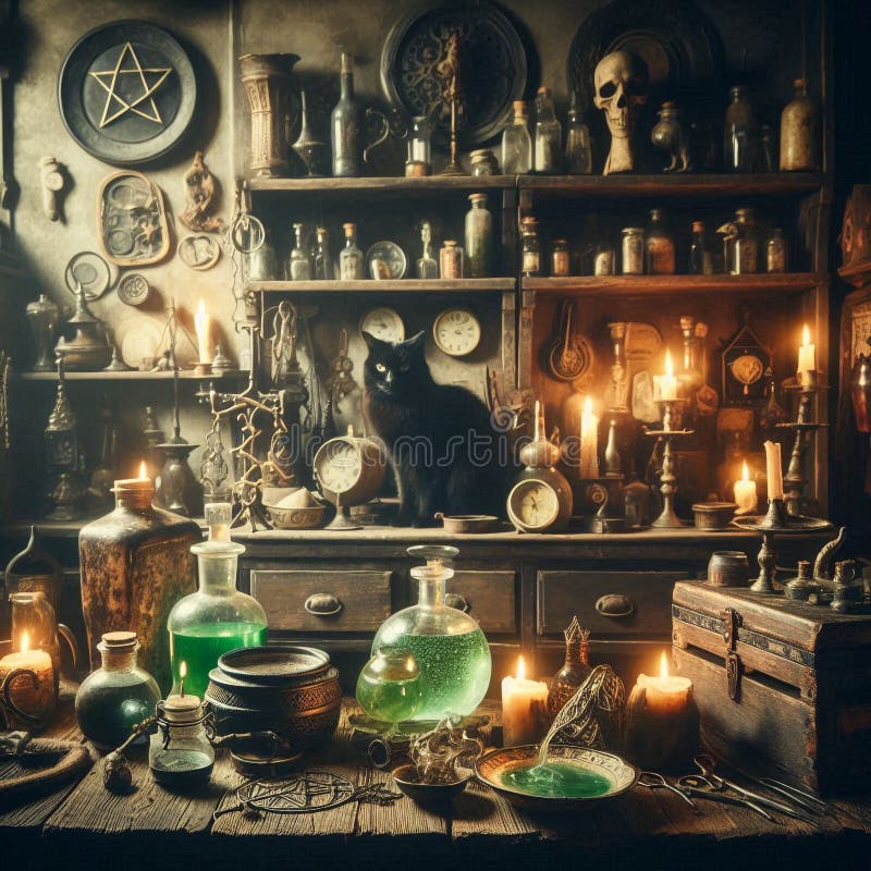 A Dusty, Old Magic Shop Filled with Ancient Artifacts, Glowing Potions ...