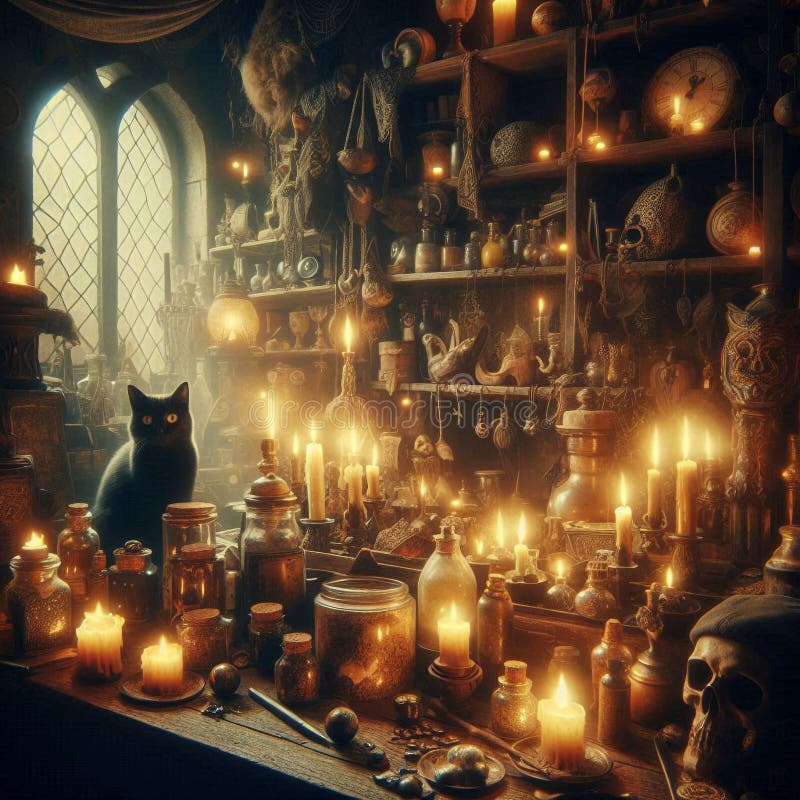 A Dusty, Old Magic Shop Filled with Ancient Artifacts, Glowing Potions ...