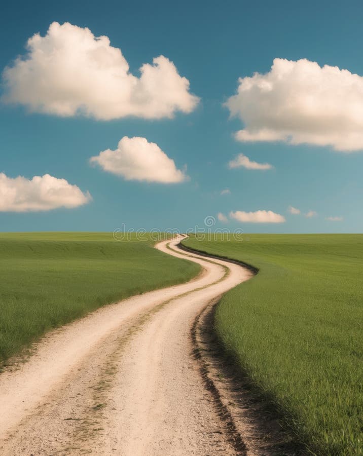 A Dusty Path Around Field in Spring Day Under Blue Sky with Clouds ...