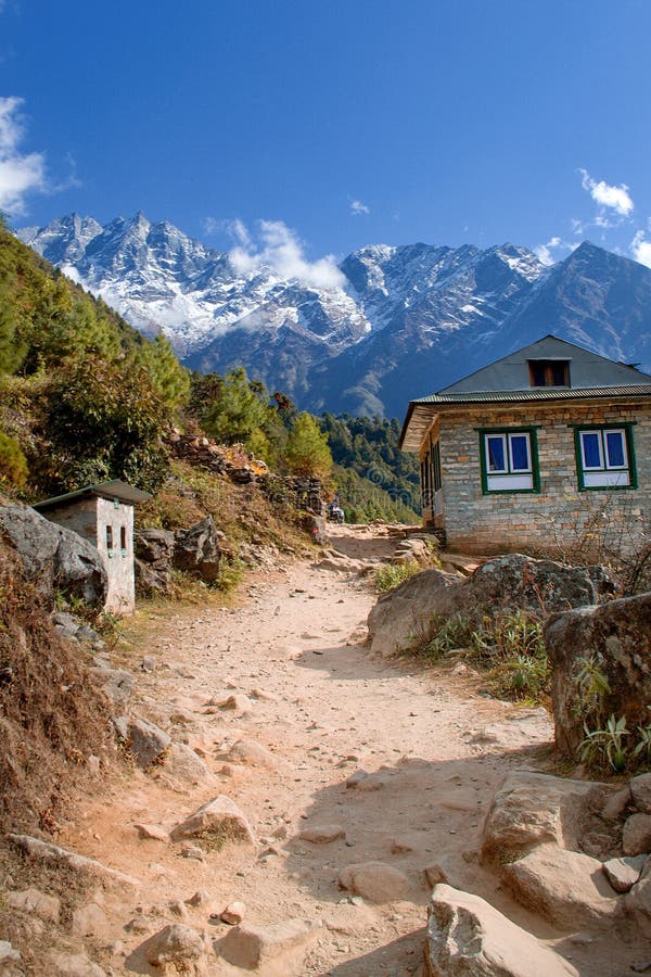 Dusty path in Himalayas stock photo. Image of phakding - 130747836
