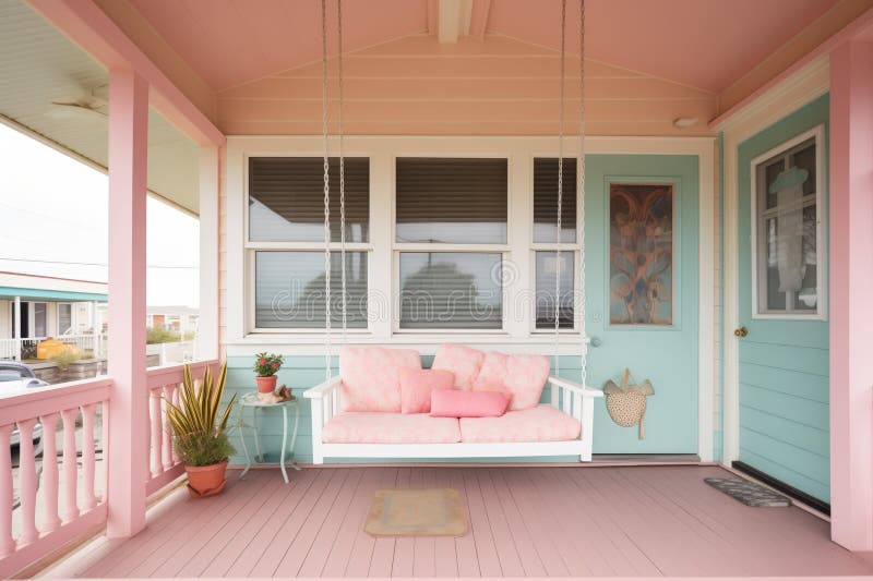Dusty Pink Beachside Cottage with Porch Swing Stock Photo - Image of ...