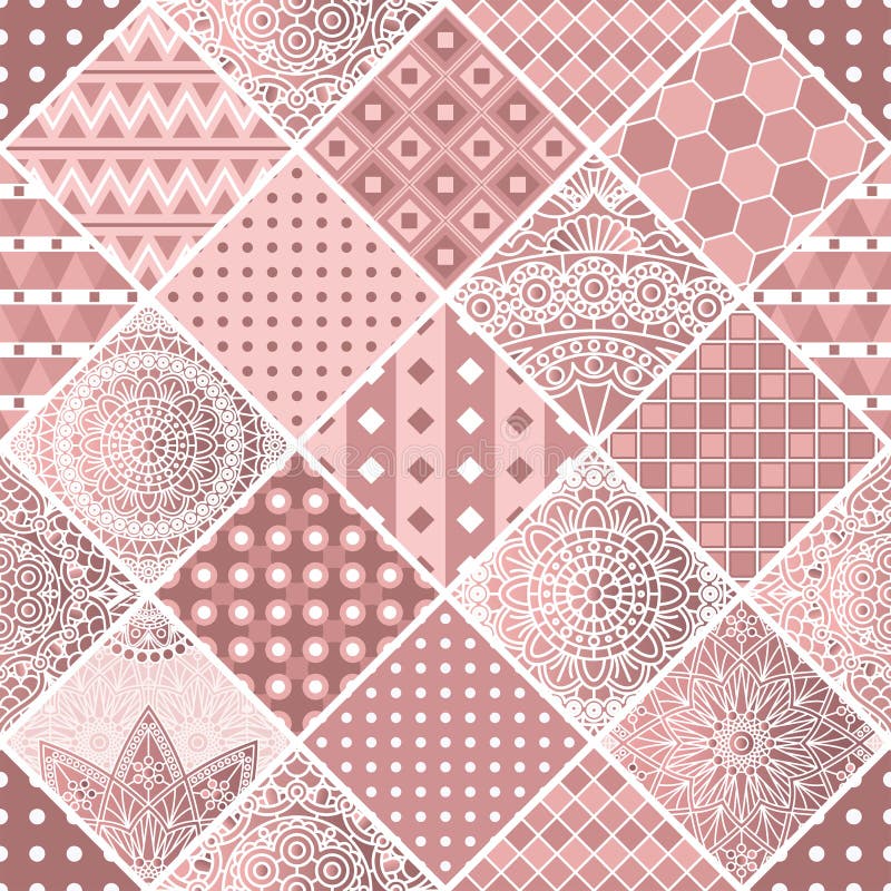 Dusty Pink Patchwork with Geometric and Mandala Patterns. Vector Design ...