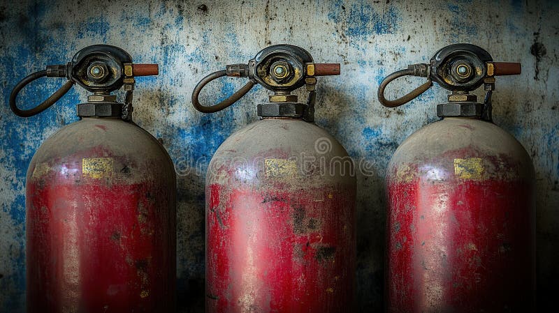 Dusty Red Fire Extinguishers, Wall, Safety, Grunge Stock Image - Image ...