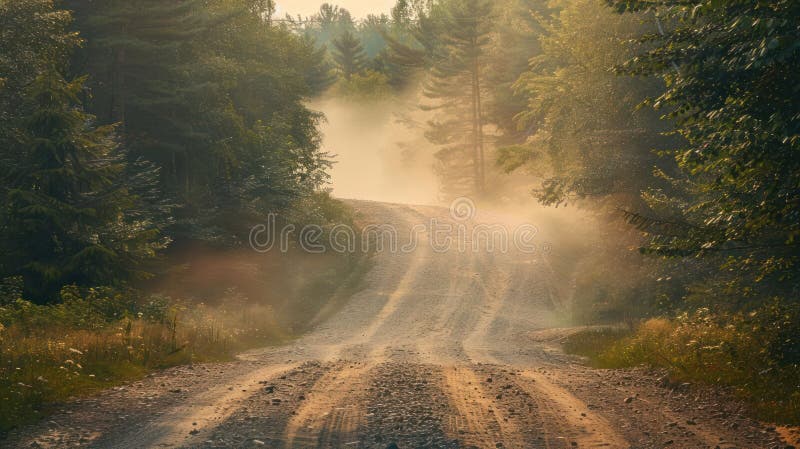 A Dusty Road Winds through a Forest, Sunlight Filtering through the ...