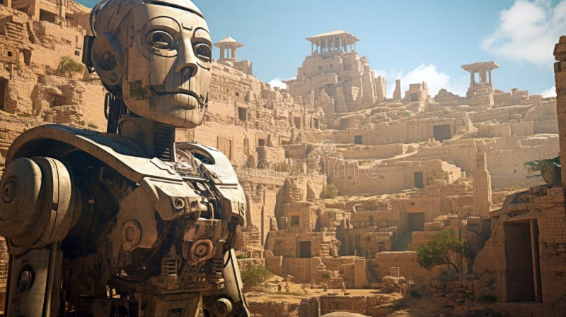 Dusty Robot Figure in the Middle of an Ancient City Stock Illustration ...