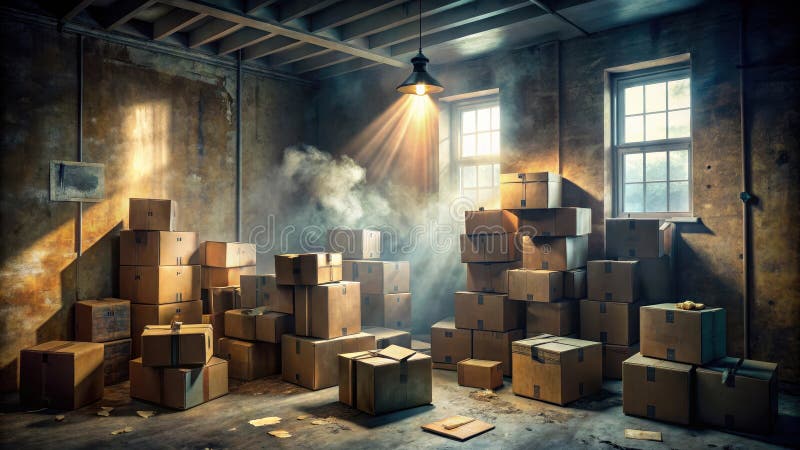 Dusty Room Filled with Cardboard Boxes Bathed in Sunlight Streaming ...