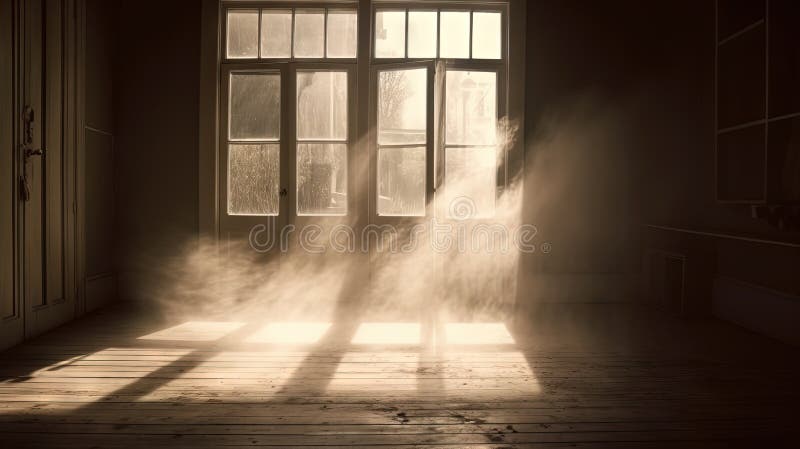 Dusty Room with Old Distressed Windows and Sun Rays. Abandoned Grungy ...
