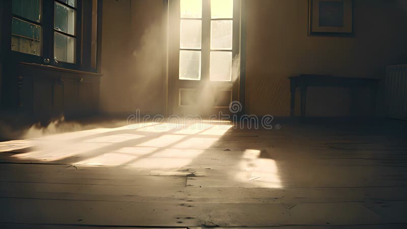 Dusty Room with Old Distressed Windows and Sun Rays. Abandoned Grungy ...