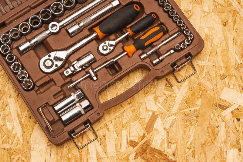 Dusty Screwdriver Kit in Tool Box on OSB Background. Top View Stock ...