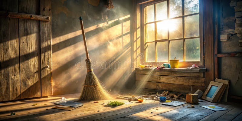 Dusty Sunlight Illuminates a Rustic Room with a Broom and Assorted ...