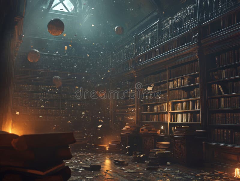 A Dusty, Sunlit Library with Stacks of Books and Floating Orbs Stock ...