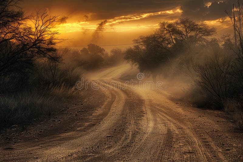 Dusty Sunset Road through Wilderness Stock Photo - Image of dust, hour ...