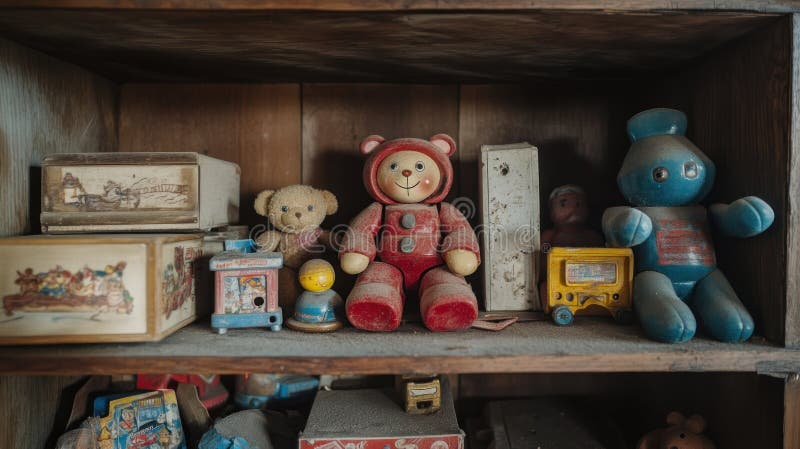 Dusty Vintage Toys on a Wooden Shelf Stock Illustration - Illustration ...