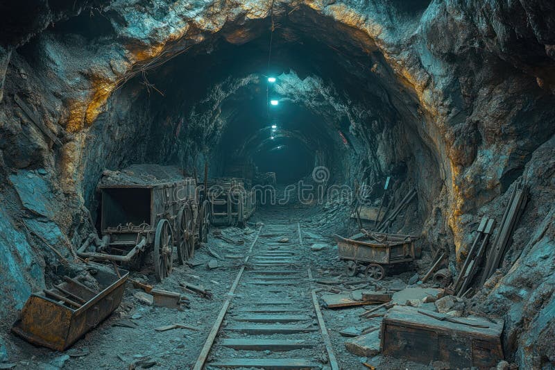 Abandoned Mine with Rusted Carts and Dim Lighting Creates a Haunting ...