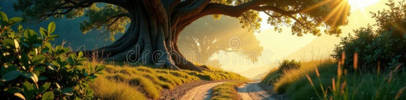 Dusty Trail Leading To Ancient Tree, Sunlight Filtering through Canopy ...