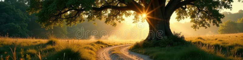 Dusty Trail Leading To Ancient Tree, Sunlight Filtering through Canopy ...