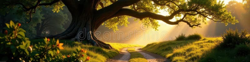 Dusty Trail Leading To Ancient Tree, Sunlight Filtering through Canopy ...