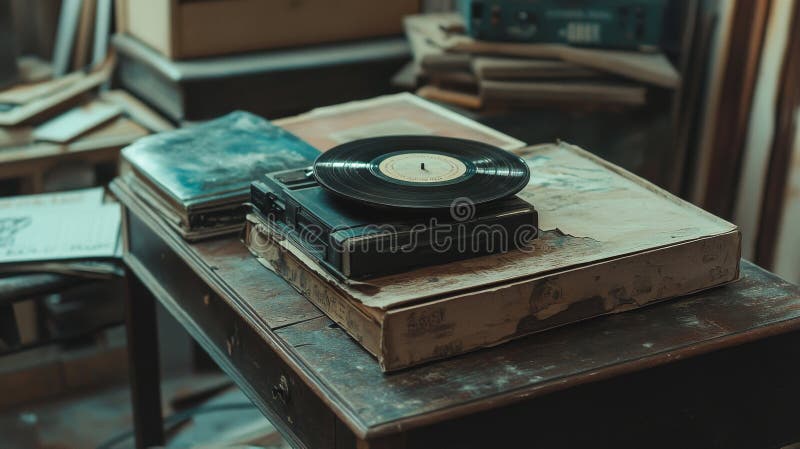 Dusty Vintage Record Player on Wooden Table Stock Illustration ...