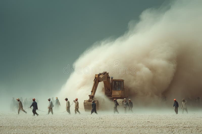 Dusty Workday Scene with Excavator and Workers in Mid Turn at ...
