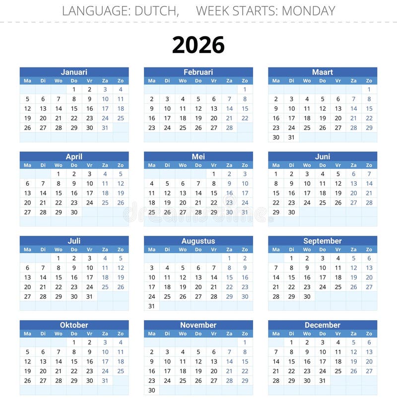Dutch Calendar 2026. Illustration. 12 Months Year Kalender Stock Vector ...