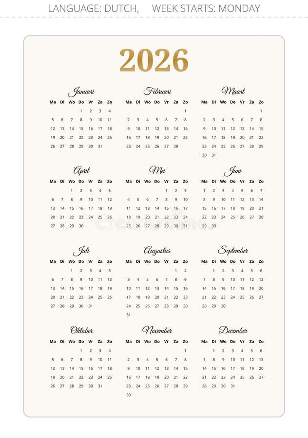 Dutch Calendar 2026. Modern Vector Illustration for Dutch Stock ...