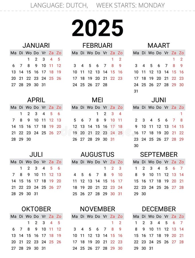 2025 Dutch Calendar. Printable, Editable Vector Illustration Dutch. 12 ...